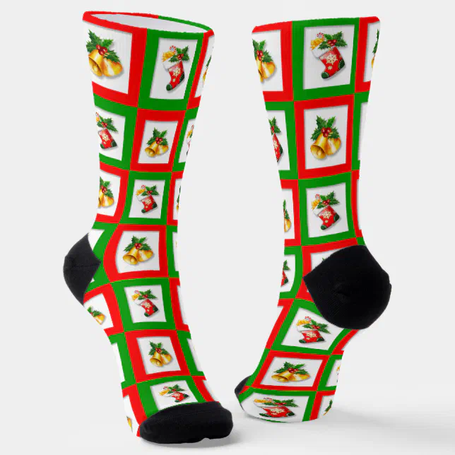 Christmas Bells in Green and Red Squares Crew Socks | Zazzle