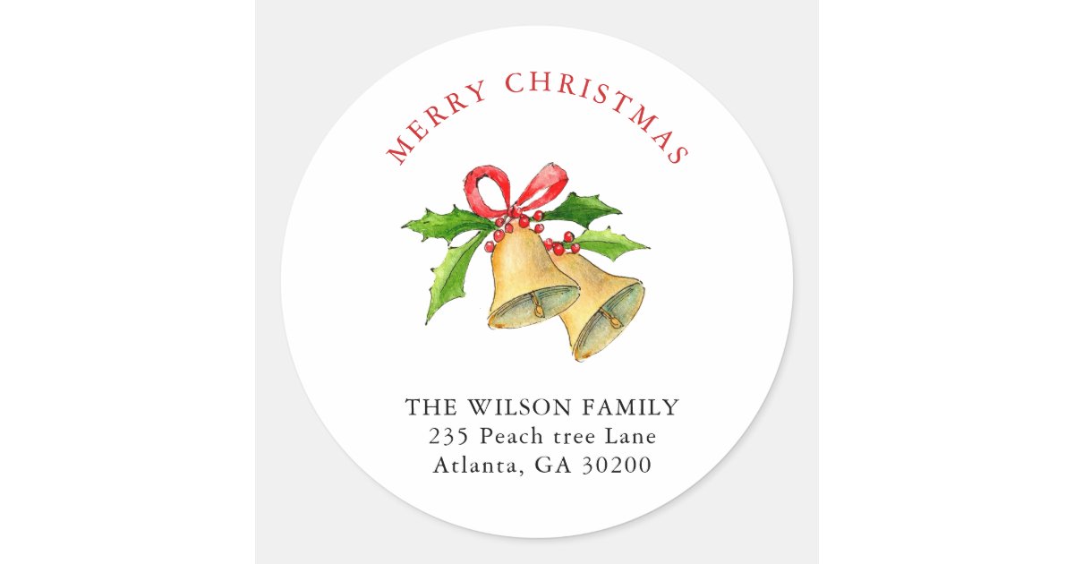Christmas Bells with Red Bow Address Classic Round Sticker | Zazzle