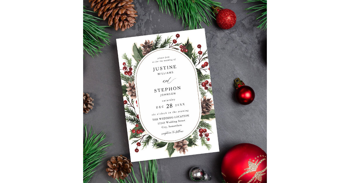 Christmas Berries & Pine Wedding Invitation | Zazzle