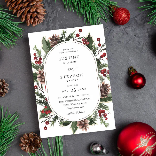 Christmas Berries & Pine Wedding Invitation | Zazzle
