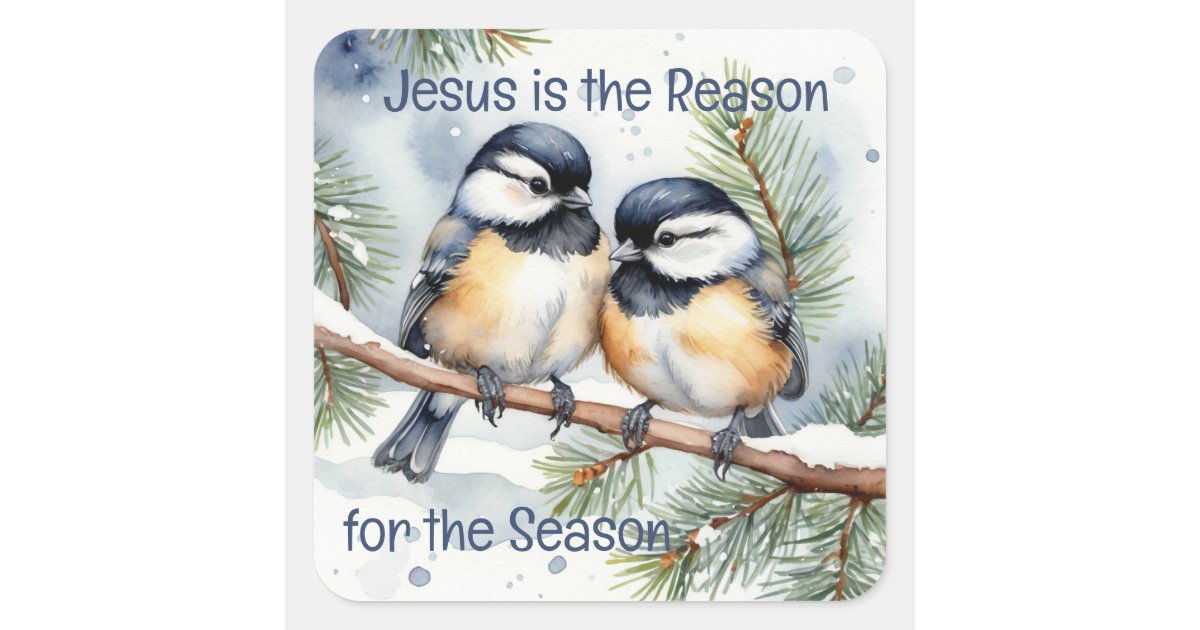 Christmas Bible Quote Cute Chickadee Birds Square Sticker | Zazzle