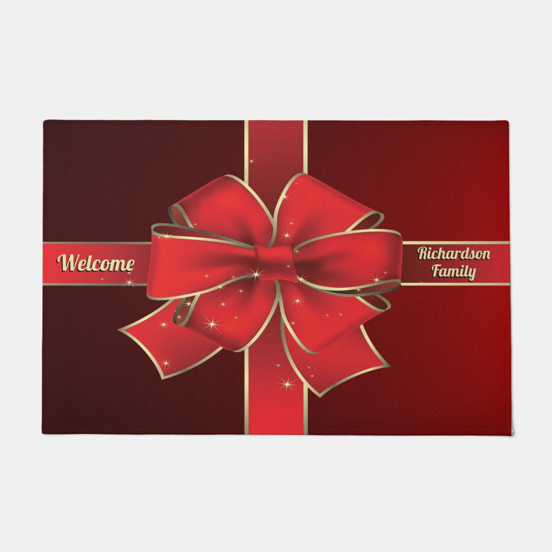 Christmas Big Red Bow Holiday Ribbon Monogram Doormat | Zazzle