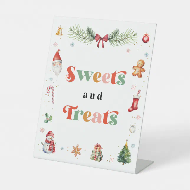 Christmas Birthday Party Sweets And Treats Pedestal Sign | Zazzle