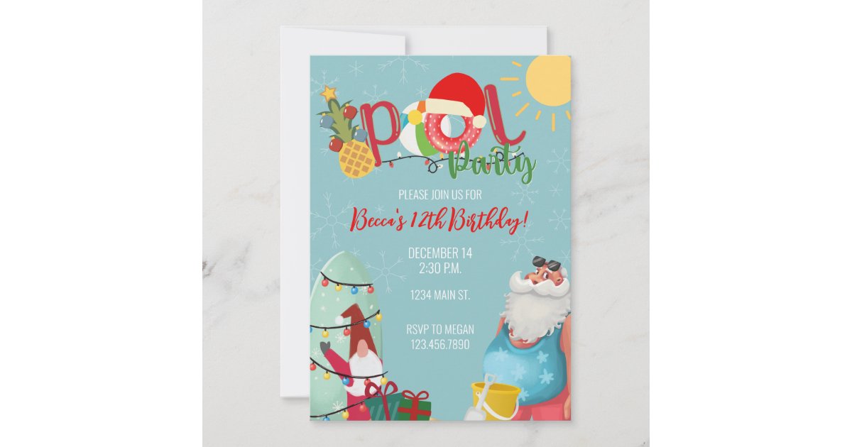 Christmas Birthday Pool Party Santa Winter Party Invitation | Zazzle