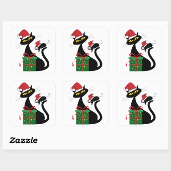 Christmas Black Cat Square Sticker | Zazzle