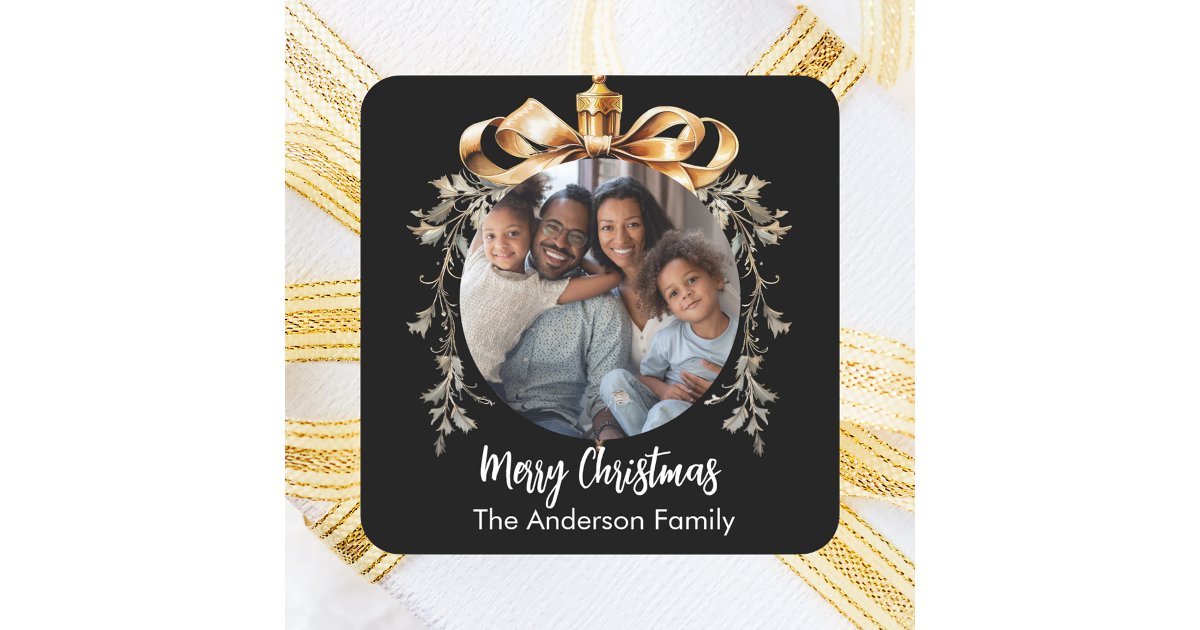 Christmas black gold bauble family photo square sticker | Zazzle