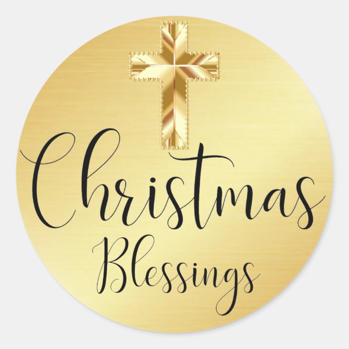 Christmas Blessings Gold Sticker with Cross | Zazzle.com