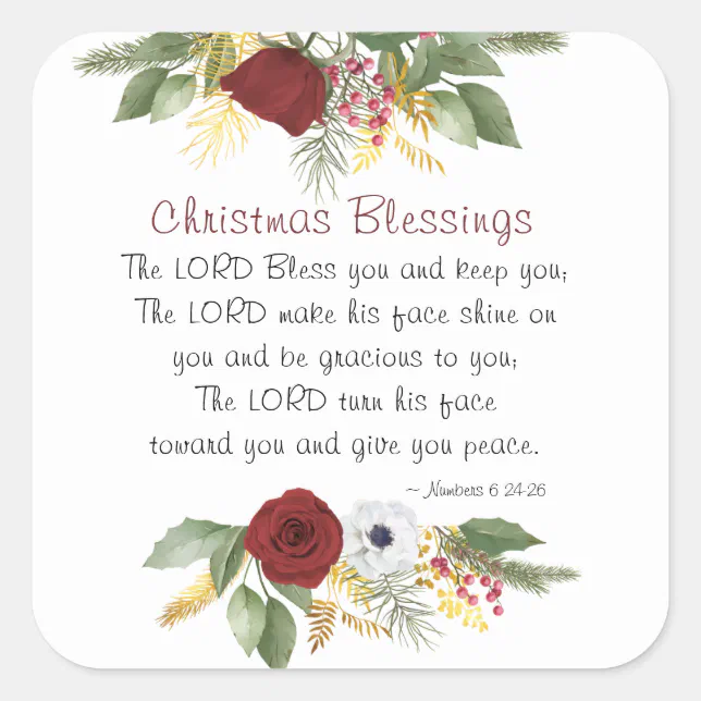 Christmas Blessings Lord Bless You Winter Floral Square Sticker | Zazzle