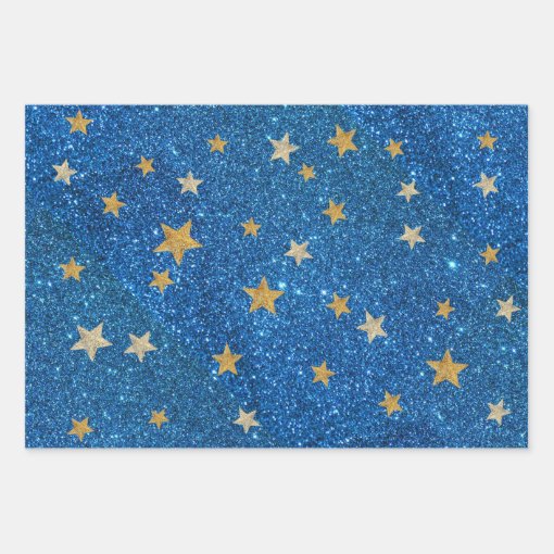 Christmas Blue Glitter Gold Stars, Floral Sparkle Wrapping Paper Sheets ...