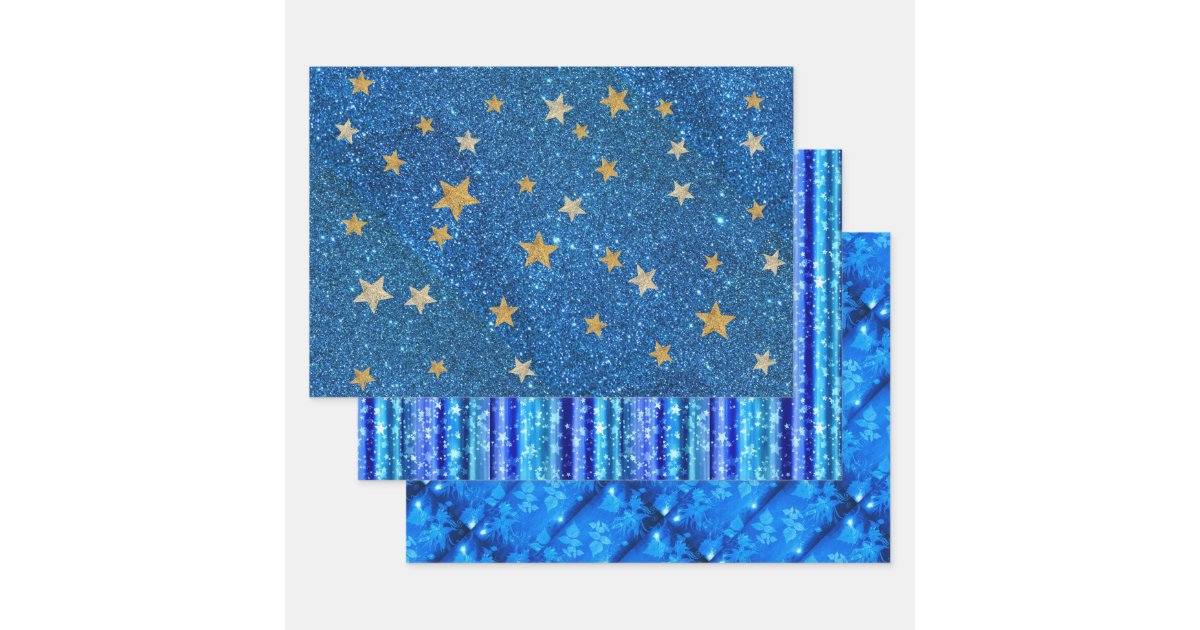 Christmas Blue Glitter Gold Stars, Floral Sparkle Wrapping Paper Sheets ...