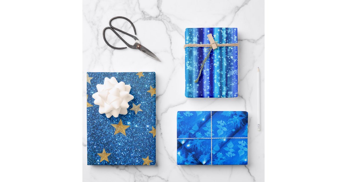 Christmas Blue Glitter Gold Stars, Floral Sparkle Wrapping Paper Sheets ...