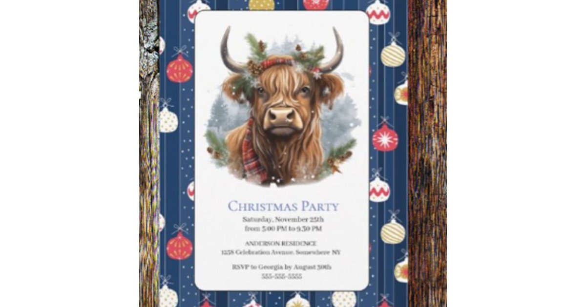 Christmas Blue Party Baubles Highlander Cow Invitation | Zazzle