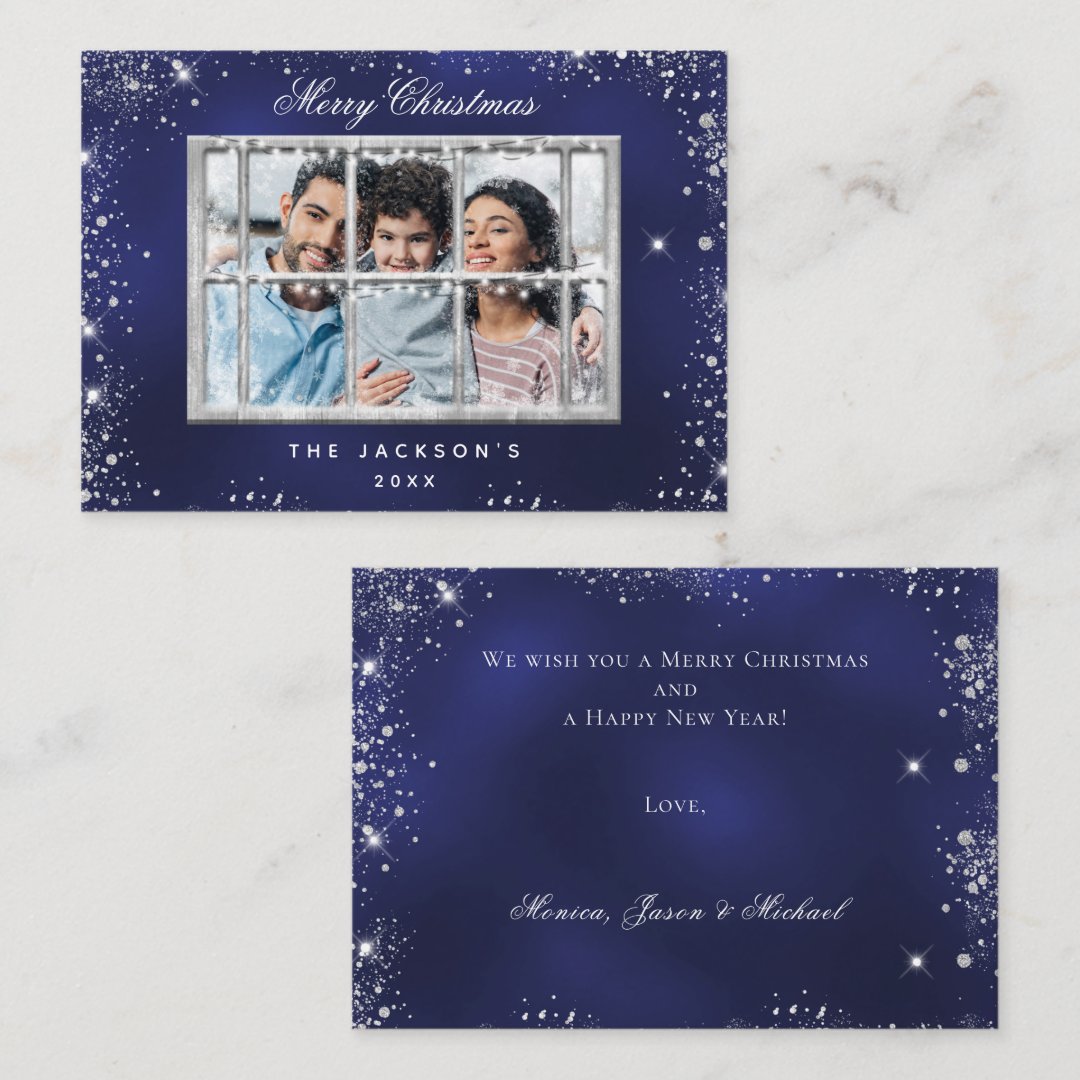 Christmas blue silver glitter photo window note card | Zazzle