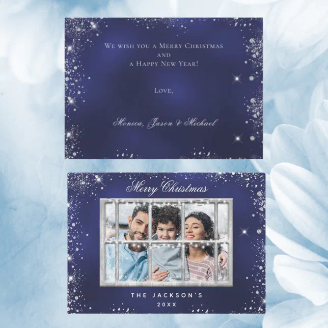 Christmas blue silver glitter photo window note card | Zazzle