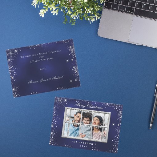 Christmas blue silver glitter photo window note card | Zazzle