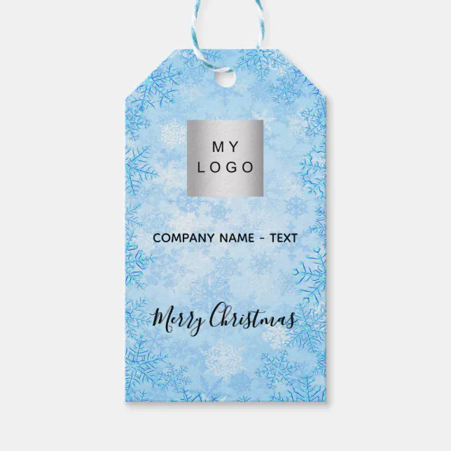 Christmas blue snow business logo gift tags | Zazzle