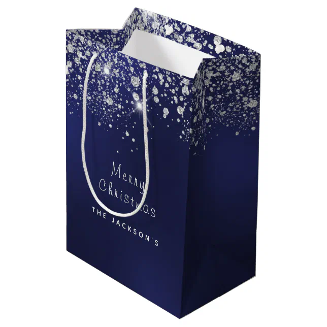Christmas blue white glitter dust silver medium gift bag | Zazzle