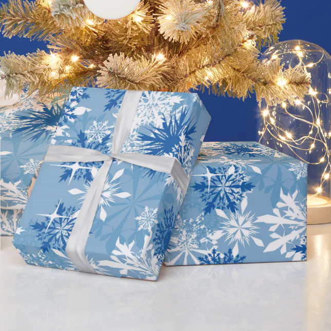 Christmas blue white snowflake pattern wrap wrapping paper | Zazzle