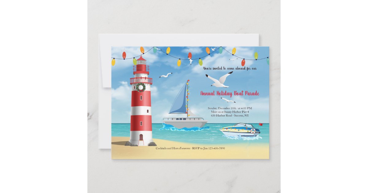 Christmas Boat Parade With Lighthouse Invitation | Zazzle