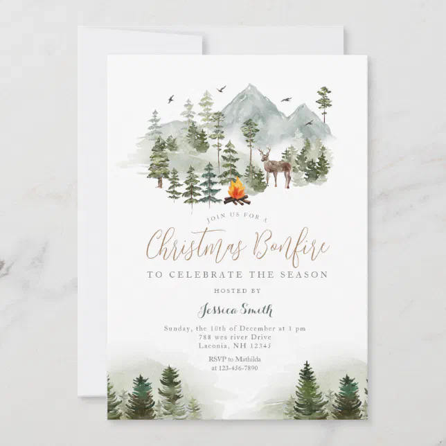 Christmas Bonfire Winter Forest Deer Holiday Party Invitation | Zazzle