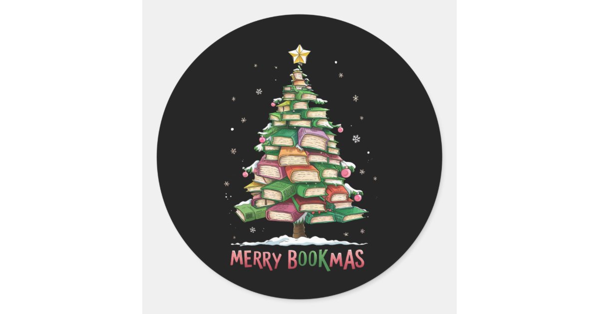 Christmas Book Lover Tree Librarian Merry Bookmas Classic Round Sticker ...