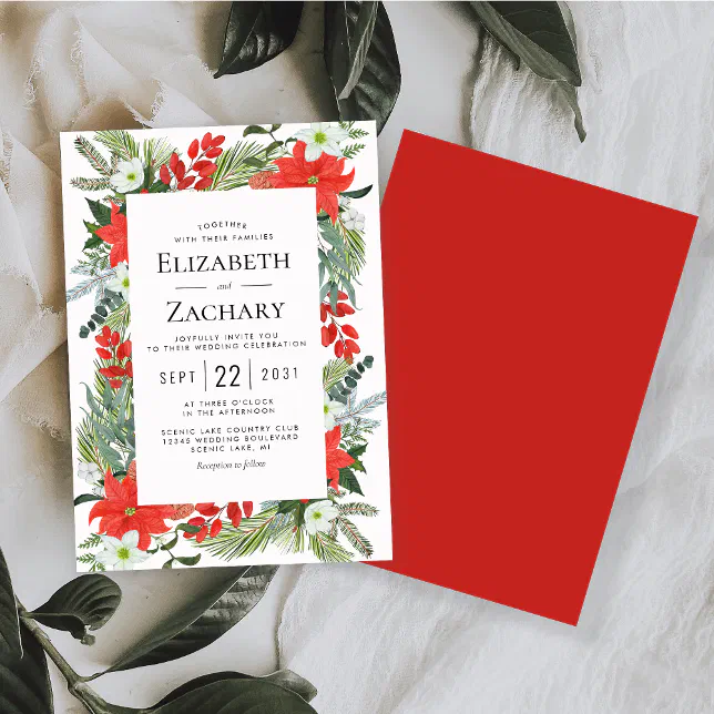 Christmas Botanical Red Green Winter Wedding Invit Invitation | Zazzle