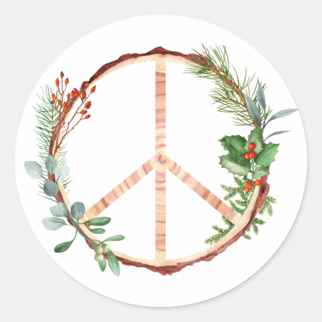 Christmas Botanical Wooden Peace Sign Classic Round Sticker | Zazzle