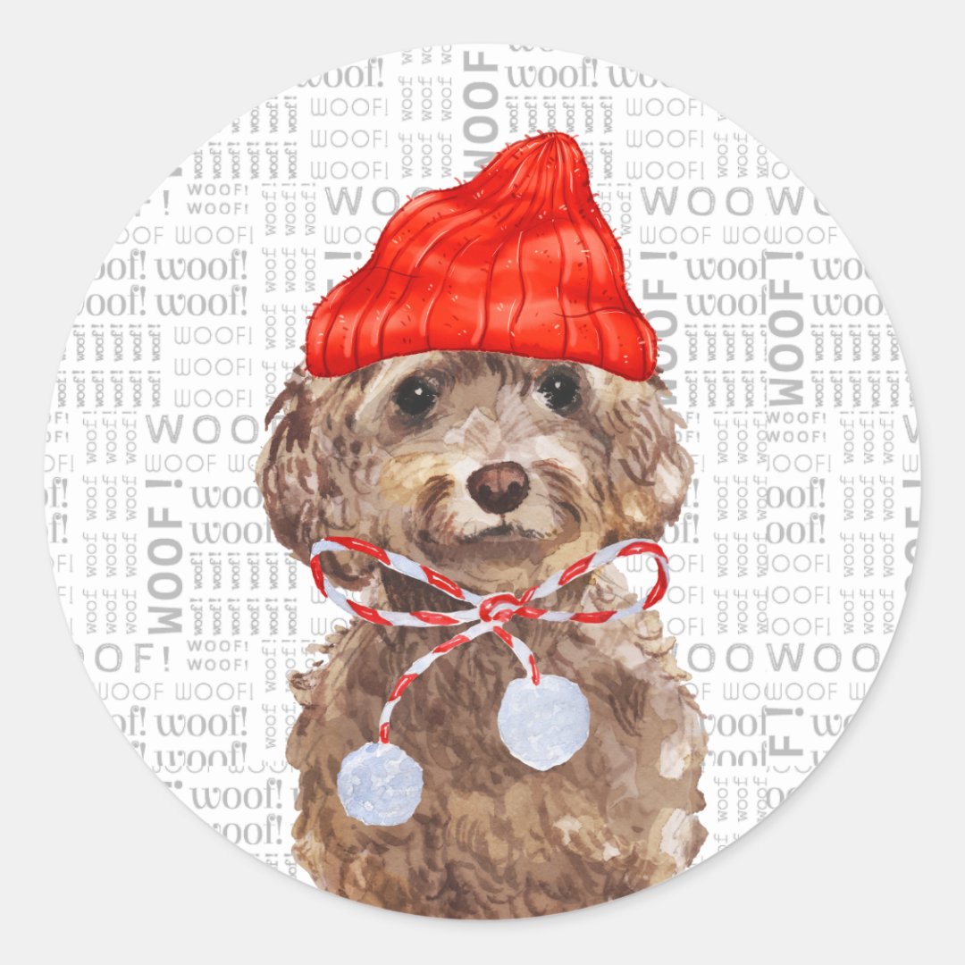 Christmas Brown Cockapoo Dog Watercolor Santa Classic Round Sticker ...