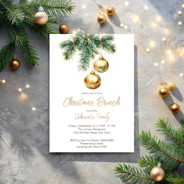 Christmas brunch gold baubles pines invitation | Zazzle