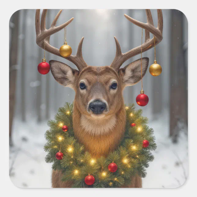 Christmas Buck Wearing a Glowing Wreath Square Sticker | Zazzle