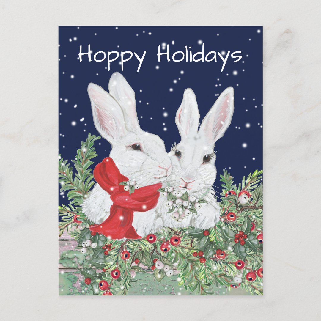 Christmas Bunny Rabbits Snowy Holly Berry Holiday | Zazzle