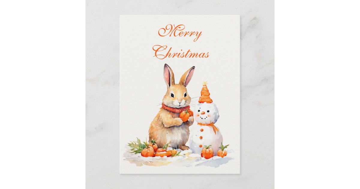 Christmas bunny snowman carrots watercolor postcard | Zazzle