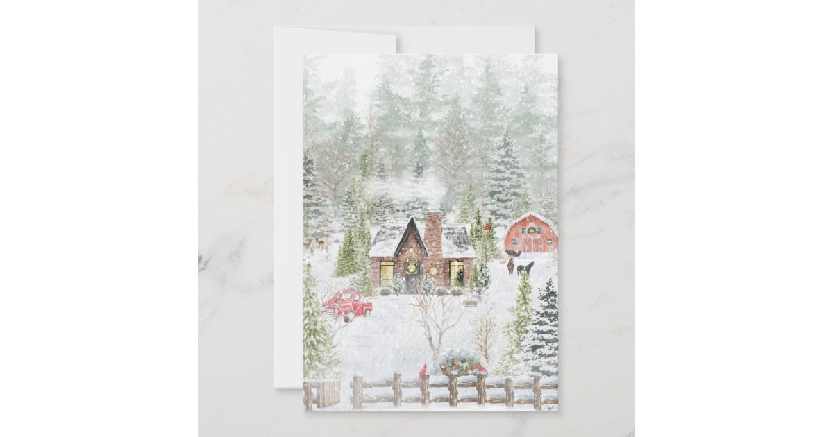 Christmas Cabin In The Woods Scene Holiday Card | Zazzle