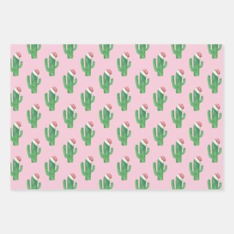 Christmas cactus pattern. Santa cacti. Green pink Wrapping Paper Sheets ...