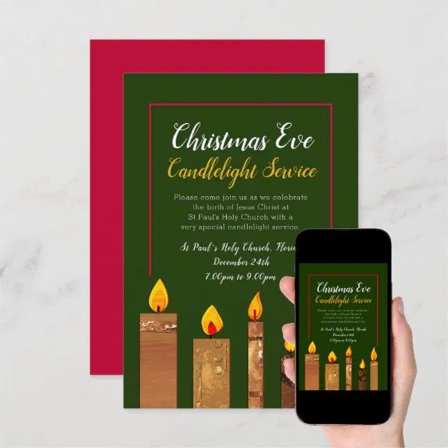 Christmas candlelight service candles gold art invitation | Zazzle
