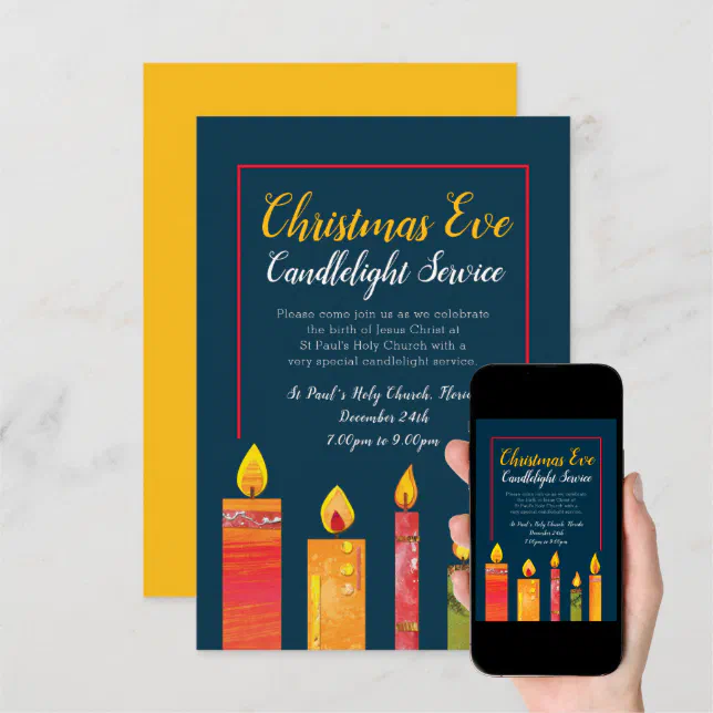 Christmas candlelight service five candles art invitation | Zazzle