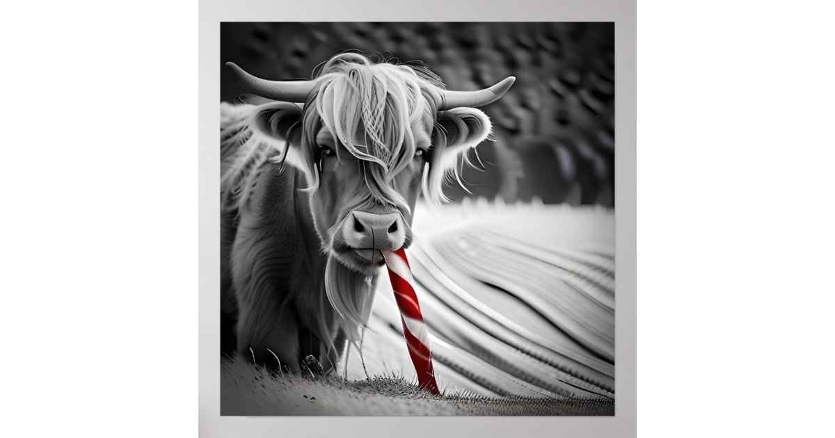 Christmas Candy Cane Critters Highland Cow Poster | Zazzle