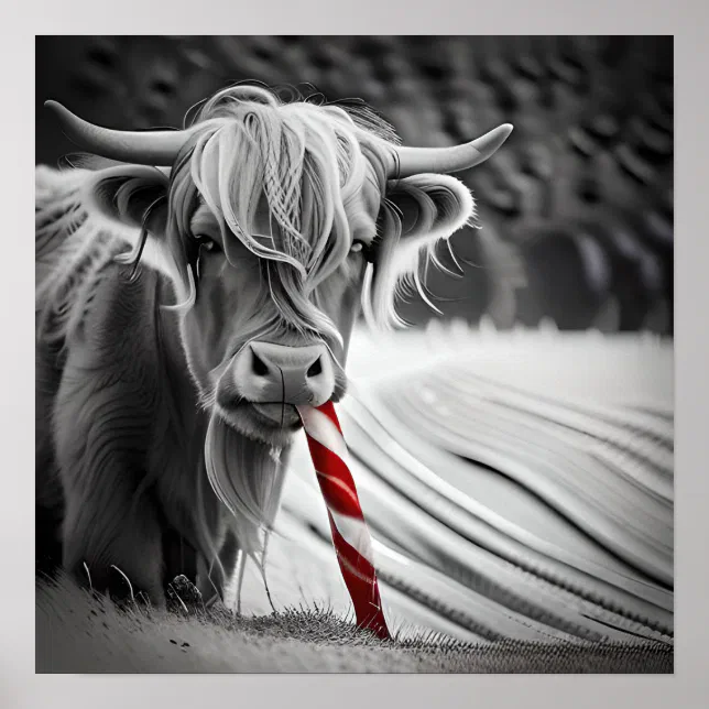 Christmas Candy Cane Critters Highland Cow Poster | Zazzle