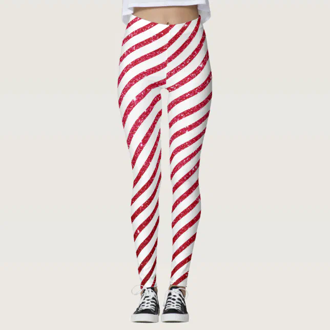 Christmas Candy Cane Glitter Stripped Holiday Leggings | Zazzle