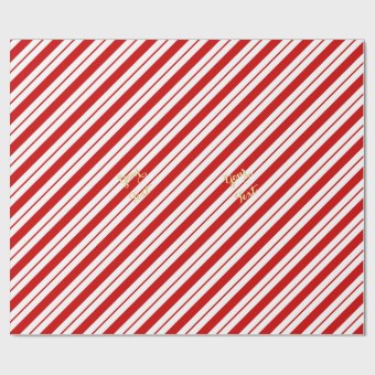 Christmas Candy Cane Red Stripes Custom Gold Text Wrapping Paper | Zazzle
