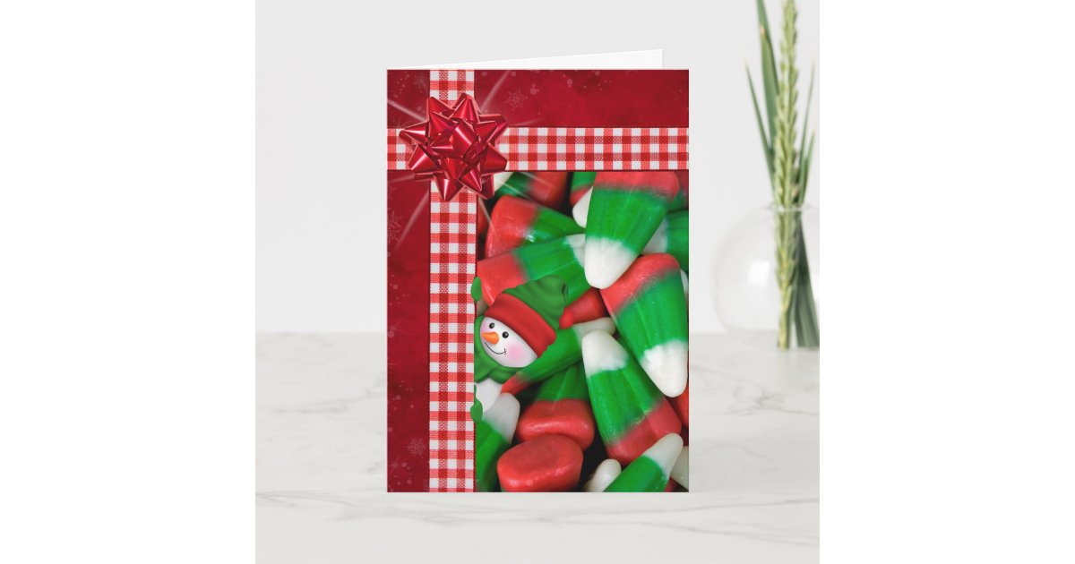 Christmas Candy Corn with snowman Holiday Card | Zazzle