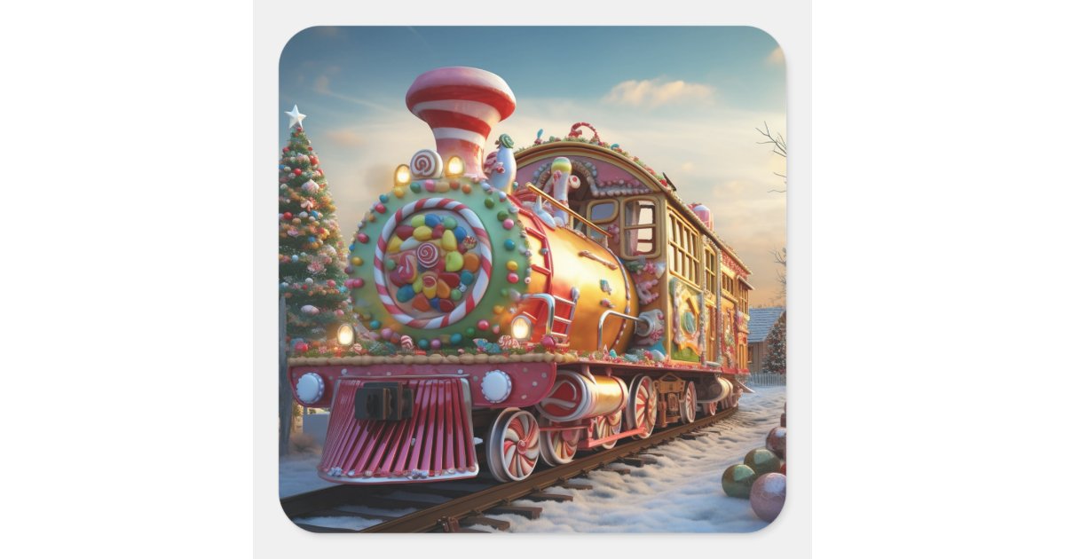Christmas candy train square sticker | Zazzle