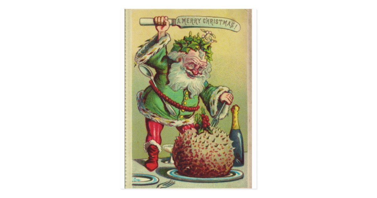 Christmas Card Father Christmas Attacks Pudding | Zazzle.com