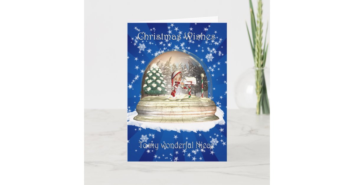 Christmas card, Nice Christmas, Elf in a snow glob Holiday Card | Zazzle
