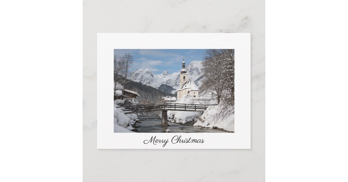 Christmas card with church in the snow in the Alps | Zazzle