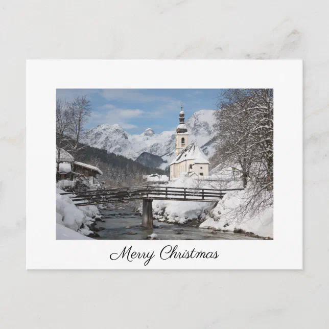 Christmas card with church in the snow in the Alps | Zazzle
