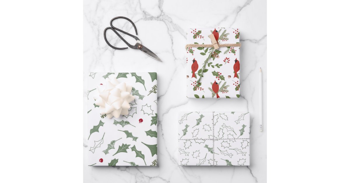 Christmas Cardinals and Holly Wrapping Paper | Zazzle