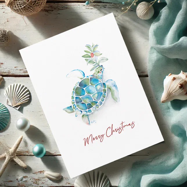 Christmas Cards Coastal Watercolor Sea Turtle | Zazzle