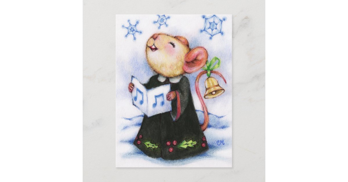Christmas Caroling Mouse Cute Holiday Postcard | Zazzle