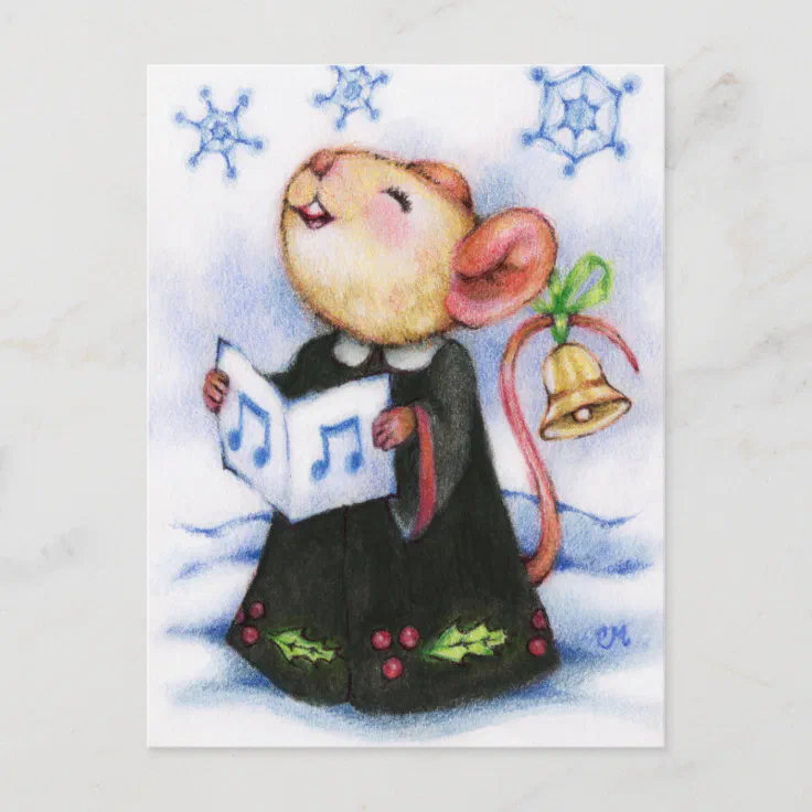 Christmas Caroling Mouse Cute Holiday Postcard | Zazzle